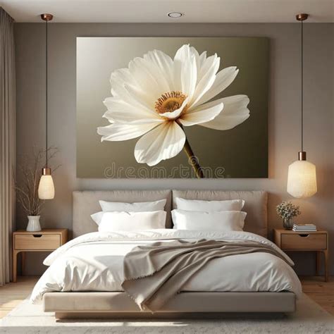 Large Floral Canvas Art Hangs Above Bed In Modern Bedroom Interior