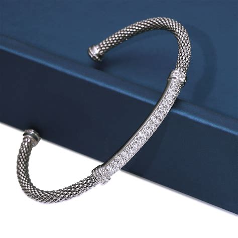 Sterling Silver Simulated Diamond Bar Cuff Italian Bracelet Fits 7in