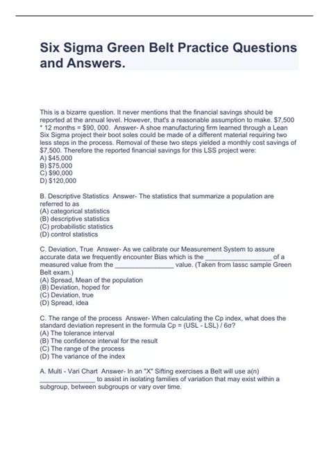 Six Sigma Green Belt Practice Questions And Answers Six Sigma
