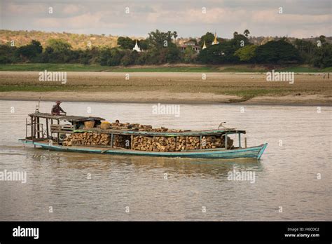 Asia Myanmar Burma Sagaing Division Monywa Chindwin River Cargo Boat On The River With