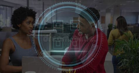 Animation Of Cyber Security Text And Barcode Over Diverse Coworkers