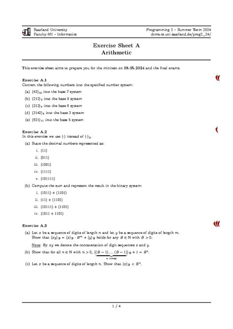Exercise Sheet A Arithmetic Saarland University Programming 2
