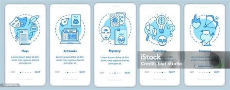 선형 개념으로 모바일 앱 페이지 화면을 온보딩 책 카탈로그 다른 책 장르 5 연습 단계 그래픽 지침 Ux Ui 그림이 있는 Gui 벡터 템플릿 5에 대한 스톡 벡터 아트 및