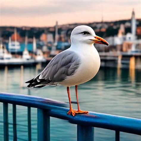 A Seagull Sits On A Blue Railing Overlooking A Harbor Premium Ai
