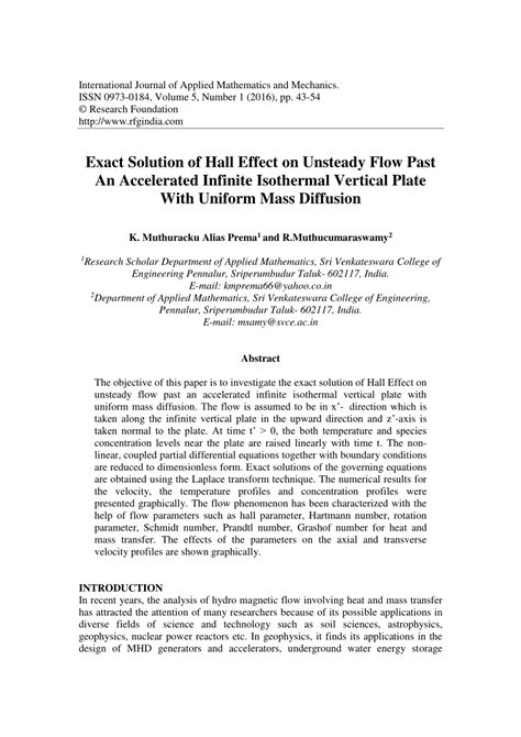 Pdf Exact Solution Of Hall Effect On Unsteady Flow Past An