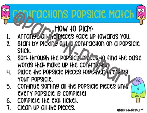 Contractions Popsicle Match By Party N Primary Tpt
