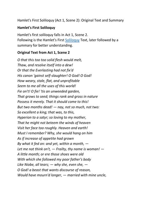 Hamlets First Soliloquy Analysis Pdf Poetry