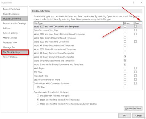 File Block Settings In Trust Center Visio