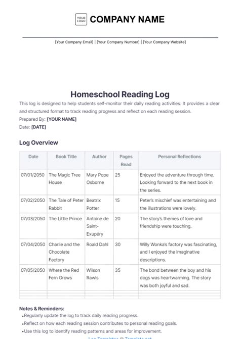 Free Reading Log Templates Editable And Printable