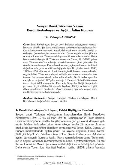 Sovyet Devri Türkmen Yazarı Berdi Kerbabayev Ve Ayğıtlı Adim Romanı