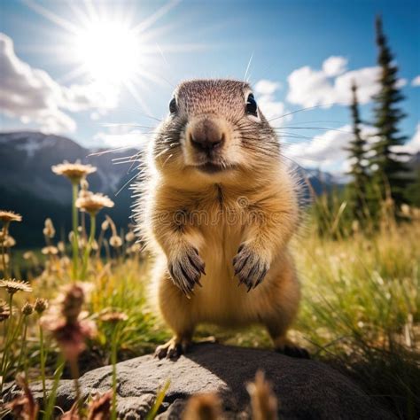 Cute Ground Squirrel Standing In Green Grass Looking Around Stock