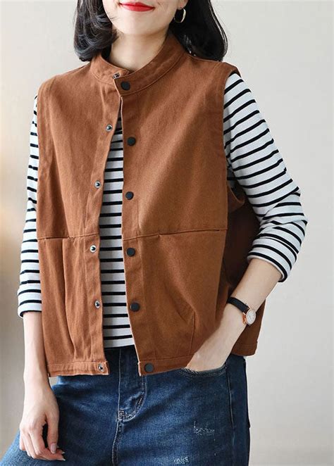 Style Dark Orange Stand Collar Patchwork Button Cotton Beach Vest Slee