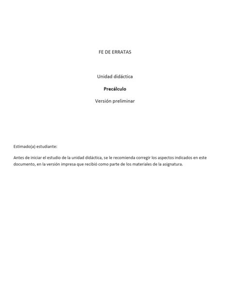 Fe De Erratas Unidad Didáctica Precálculo Pdf