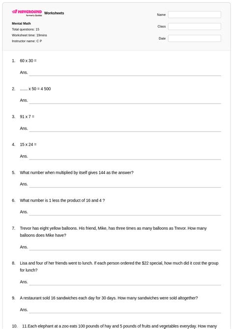 50 Mental Math Worksheets For Grade 7 On Wayground Free And Printable