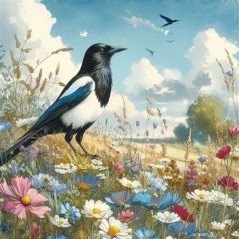 A Magpie Among Wildflowers Digital Art By Kathy Jacquart Fine Art America