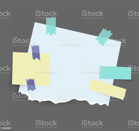 종이 노트 스티커 종이 시트에 메모 메시지를 배치합니다 회색 배경에 끈적 끈적한 다채로운 테이프첨부 로 고립 된 사실적 벡터 일러스트레이션 0명에 대한 스톡 벡터 아트 및