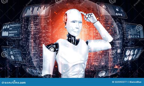 Mlp Thinking Ai Humanoid Robot Analyzing Screen Of Mathematics Formula And Science Stock