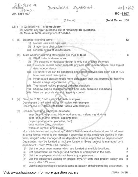 Database Management Systems 2008 2009 Be Computer Engineering Semester 4 Se Second Year Old