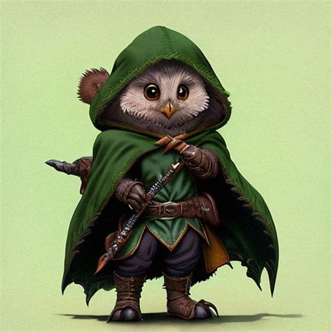 A Small Owlin Dnd Character Ranger Longbow Brown Owlin Dark Green Cloak Free Ai Art Generator