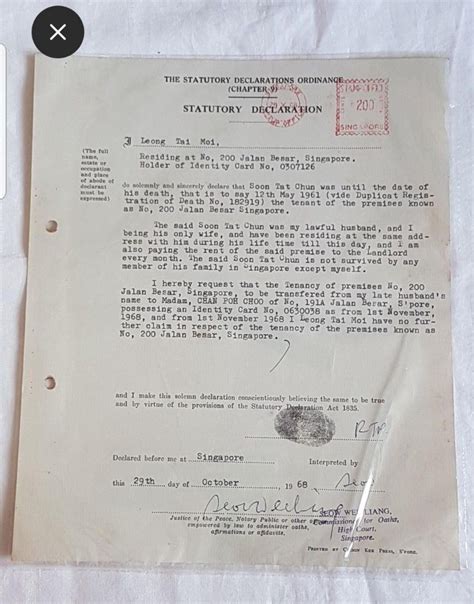 Singapore Statutory Declaration Document 1968 Hobbies And Toys