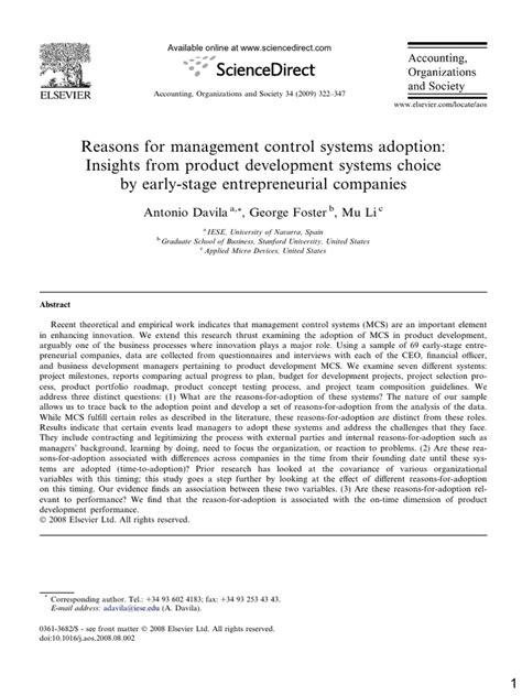Reasons For Management Control Systems Adoption Insights From Product