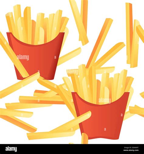 Seamless Pattern French Fries In Red Paper Box Street Fast Food Flat Vector Illustration On