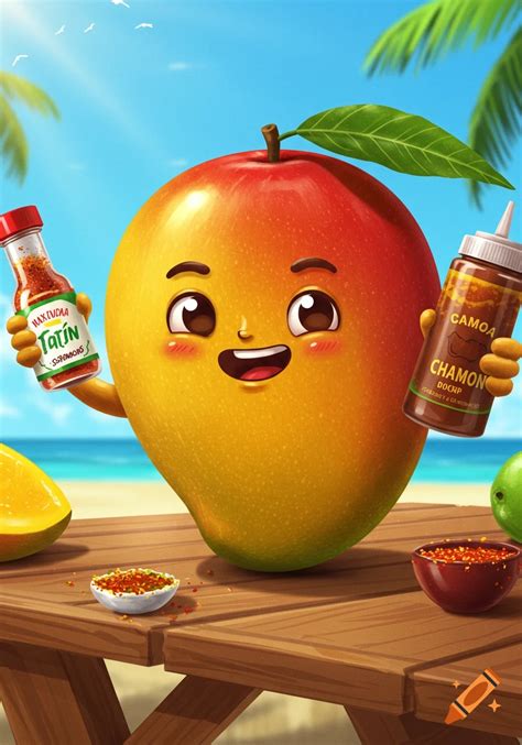 A Happy Cartoon Mango Character On A Beach Holds A Bottle Of Chili