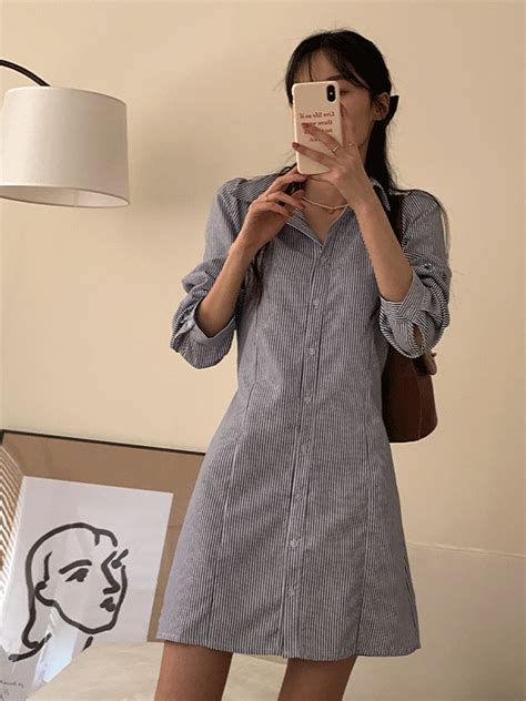 재진행🎀백리본끈있음 포카리 스트라이프 셔츠 원피스