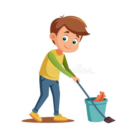 Cartoon Boy Mopping Floor With Bucket Housework And Cleaning