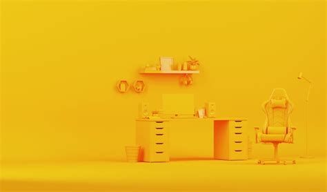 파스텔 노란색 단색 최소한의 사무실 테이블 책상 성공적인 상인의 측면보기 3d 렌더링 프리미엄 사진