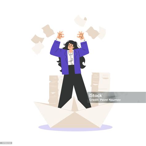 서류 벡터 일러스트레이션의 부하와 종이 보트에 여자 캐릭터와 사무실 관료제 개념에 대한 스톡 벡터 아트 및 기타 이미지 개념