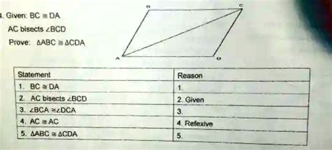 Given BC DA AC Bisects BCD Prove ABC CDA Statement BC DA AC Bisects BCD