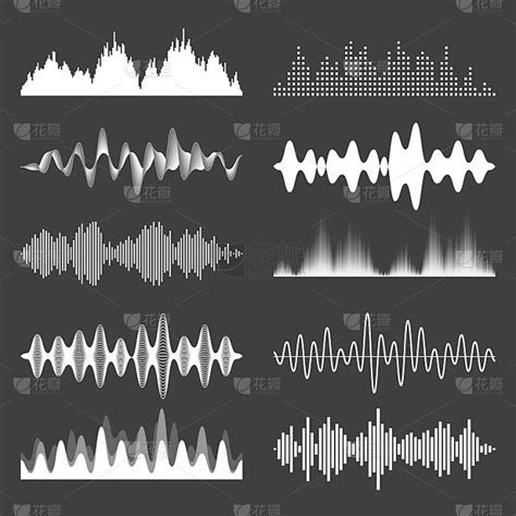 声波集合。模拟和数字音频信号。音乐均衡器。干扰录音。高频无线电波。矢量图素材 花瓣网