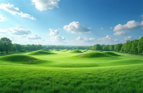 Scenic View Beautiful Small Mounds Green Grass Lawn Against Bright Blue