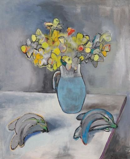 Купити картину «Натюрморт з нарцисами та бананами з квітами акрилом на полотні в стилі