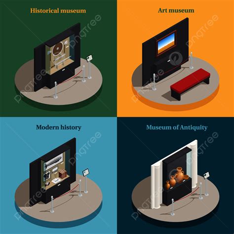 미술관 쇼케이스 4 아이소 메트릭 아이콘 개념 사각형 구성 역사적인 골동품 디스플레이 케이스 격리 된 벡터 일러스트와 함께 템플릿 Psd 다운로드 디자인 자료 다운로드