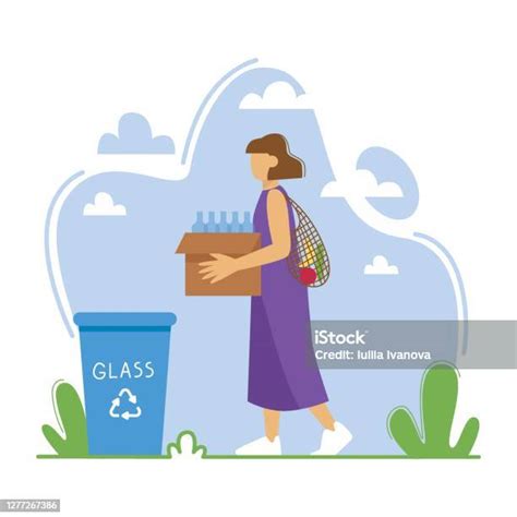 여자는 쓰레기를 분류 행복한 젊은 여성은 환경에 대한 관심과 쓰레기통 쓰레기통이나 용기에 유리 쓰레기를 넣어 제로 폐기물 개념