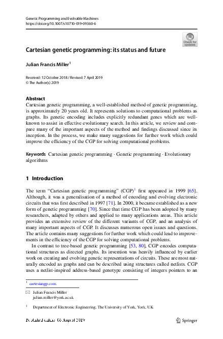 Pdf Cartesian Genetic Programming Its Status And Future