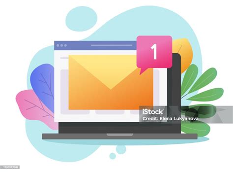 새로운 이메일 또는 전자 메일 통지 벡터 메시지 노트북 컴퓨터 또는 Pc 화면 평면 만화 화려한 일러스트레이션 디지털 또는 인터넷 편지 아이콘 이미지의 개념에 받은 편지함