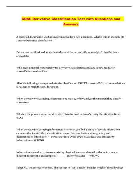 Cdse Derivative Classification Test With Questions And Answers Cdse Derivative Classification