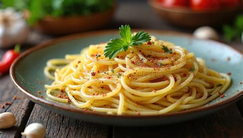 Close Up Of Spaghetti Aglio E Olio With Sauteed Garlic Chili Flakes Parsley On Plate Tasty