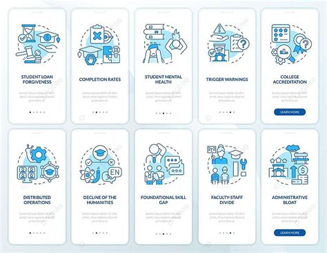 Mobile App Screen Set In Blue For Onboarding University And College Problemsolving Vector Menu
