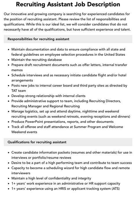 Recruiting Assistant Job Description Velvet Jobs