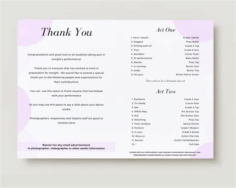Dance Show Programme Template Recital Program Event Running Order