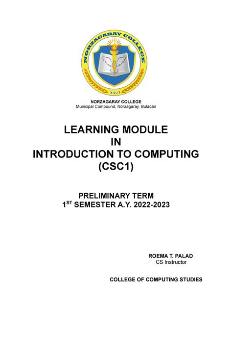 CSC1 Moduleprelim 1st Sem 2022 2023 Forbabe NORZAGARAY COLLEGE Municipal Compound Studocu