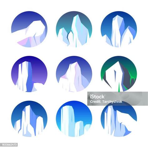 떠 다니는 빙산 컬렉션 북극 빙하를 표류 얼어 붙은 바닷물의 블록 눈이 내리는 얼음 같은 산들 녹는 얼음 피크 남극 눈 덮인 풍경 남극과 북극 벡터 일러스트레이션 겨울에