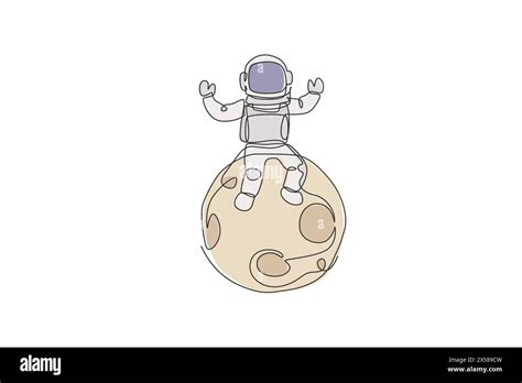 Single Continuous Line Drawing Of Floating Science Astronaut In Spacewalk And Sitting On Full