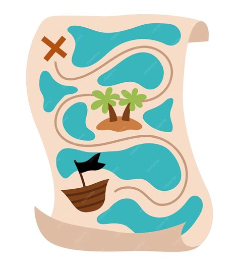 벡터 보물섬 지도 아이콘 해적 계획 그림 플랫 컬러 보석 사냥 가이드 오래 된 바다 항로 종이 흰색 배경에 고립 프리미엄 벡터