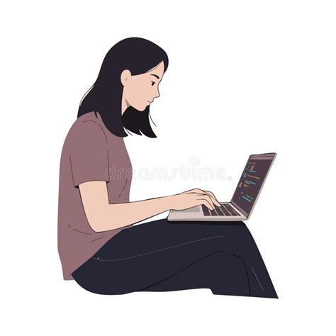 Young Woman Programmer Coding On Laptop In Casual Clothing Sitting Sideways Vector Illustration