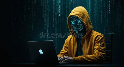 Hacker Typing On Laptop With Mask And Binary Code Background Stock